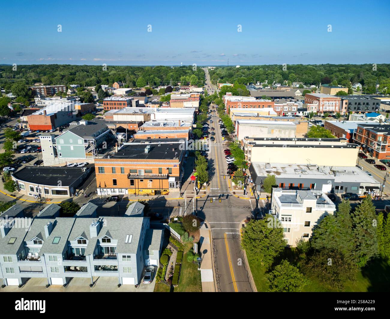 Summertime aerial view looking up Phoenix Street in downtown South ...