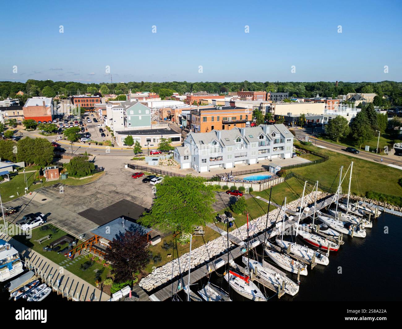 Aerial view of South Haven Michigan in the summer with boats docked ...