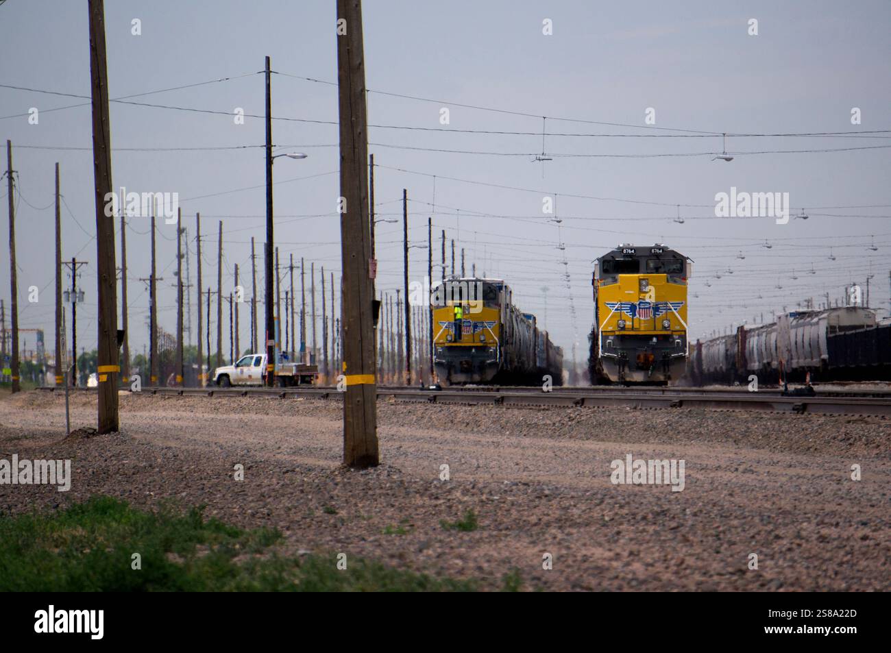 Ground view of Union Pacific trains in the giant rail yard of North ...
