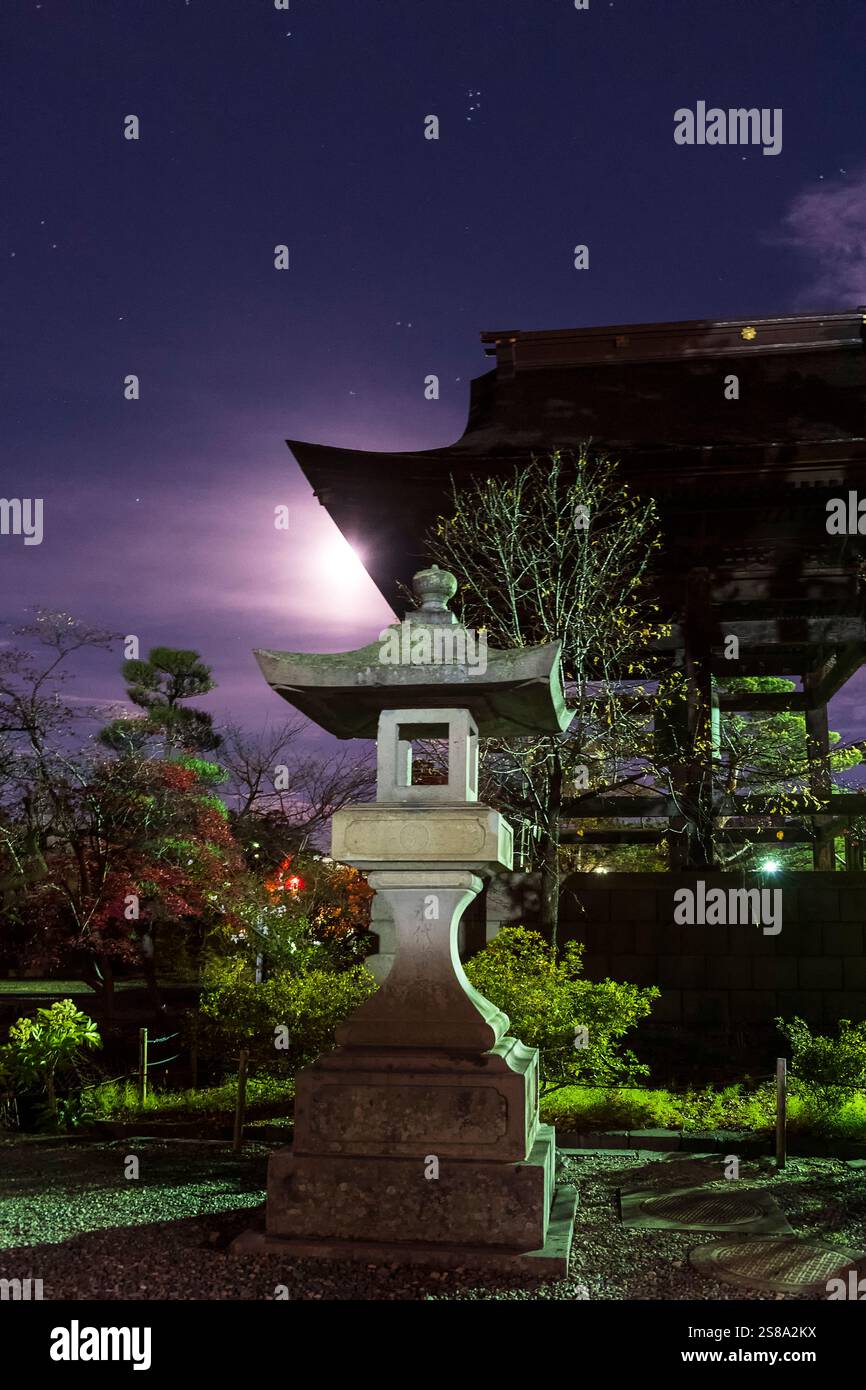 Vertical image of Zenko-ji Temple in Nagano, Japan, in the moonlight ...