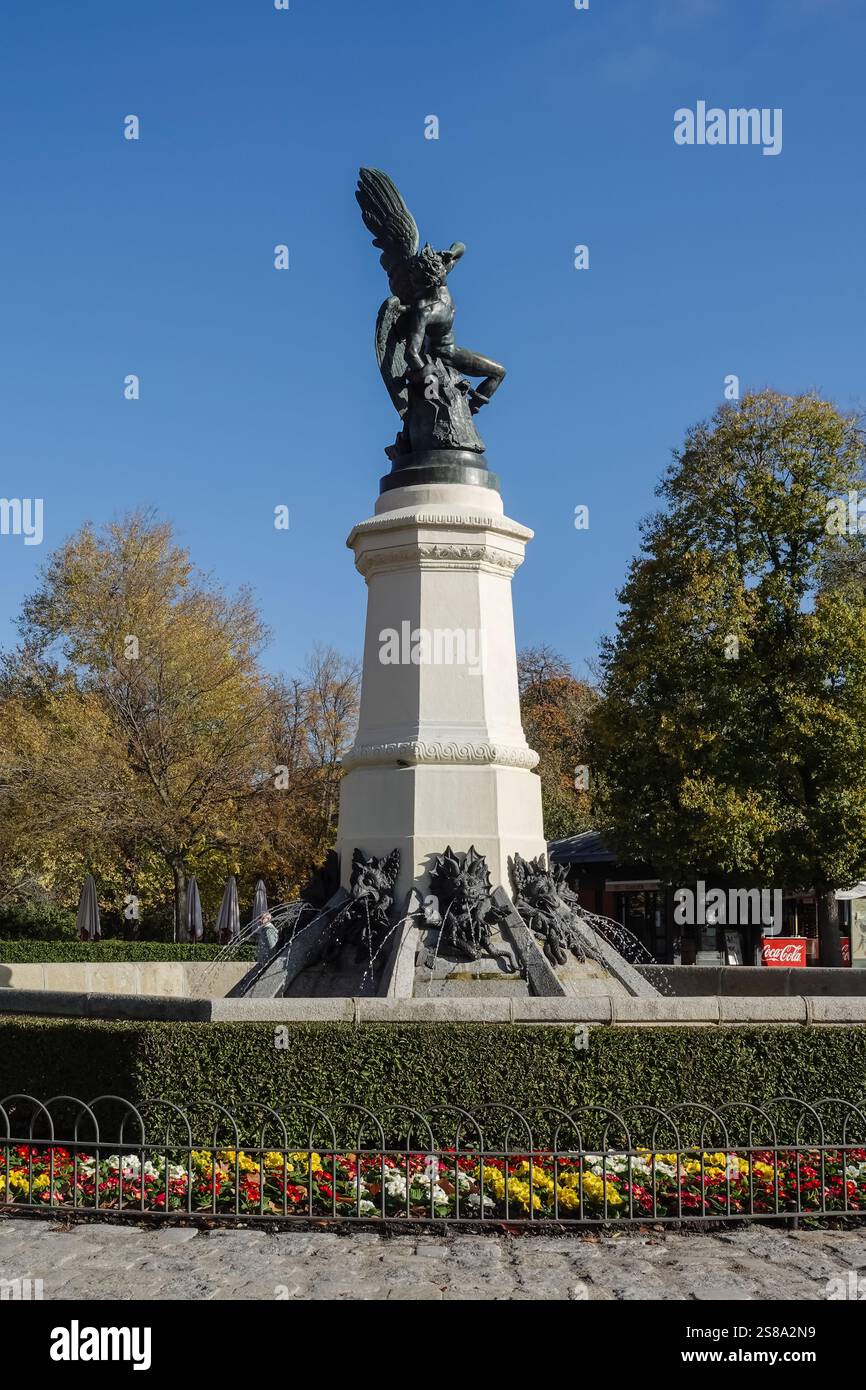 The Fountain of the Fallen Angel is a prominent fountain in El Retiro ...