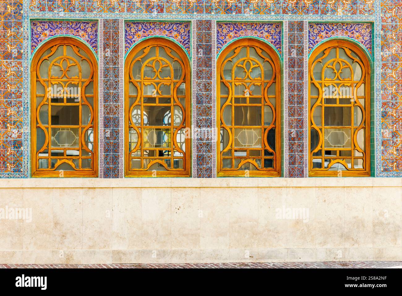 Qatar, Doha. Traditional style Islamic tile and window-glass framing ...