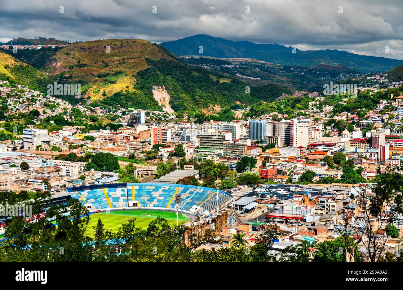 Aerial view of Downtown Tegucigalpa with Chelato Ucles National Stadium ...