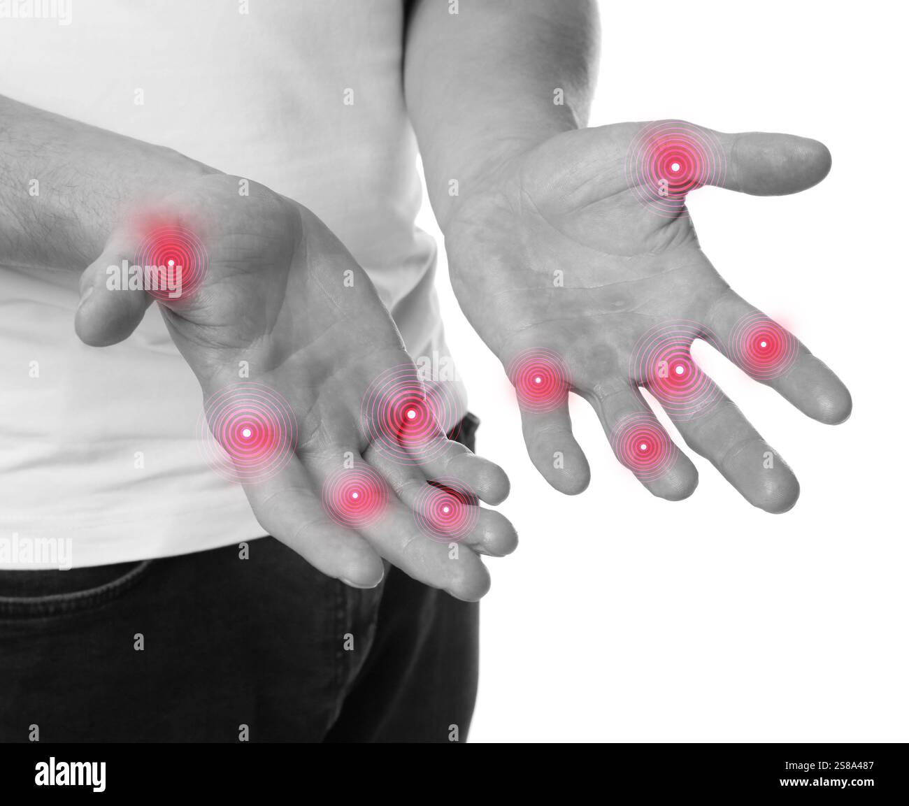 Man with joint inflammation on white background, closeup. Toned in ...