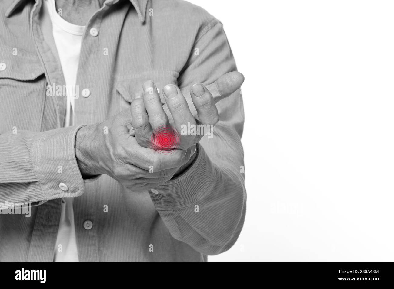 Man with joint inflammation on white background, closeup. Toned in ...