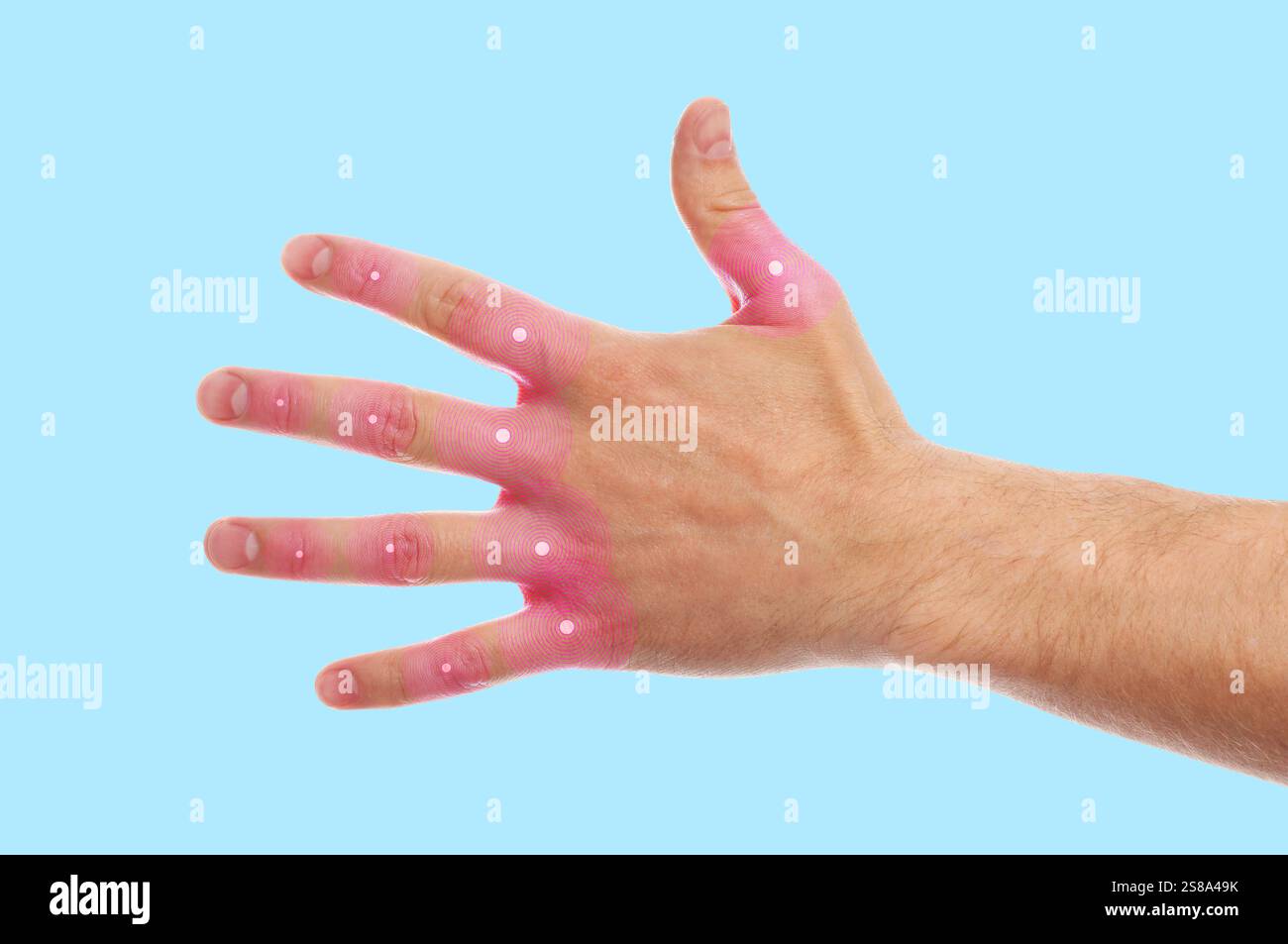 Man with joint inflammation on light blue background, closeup ...