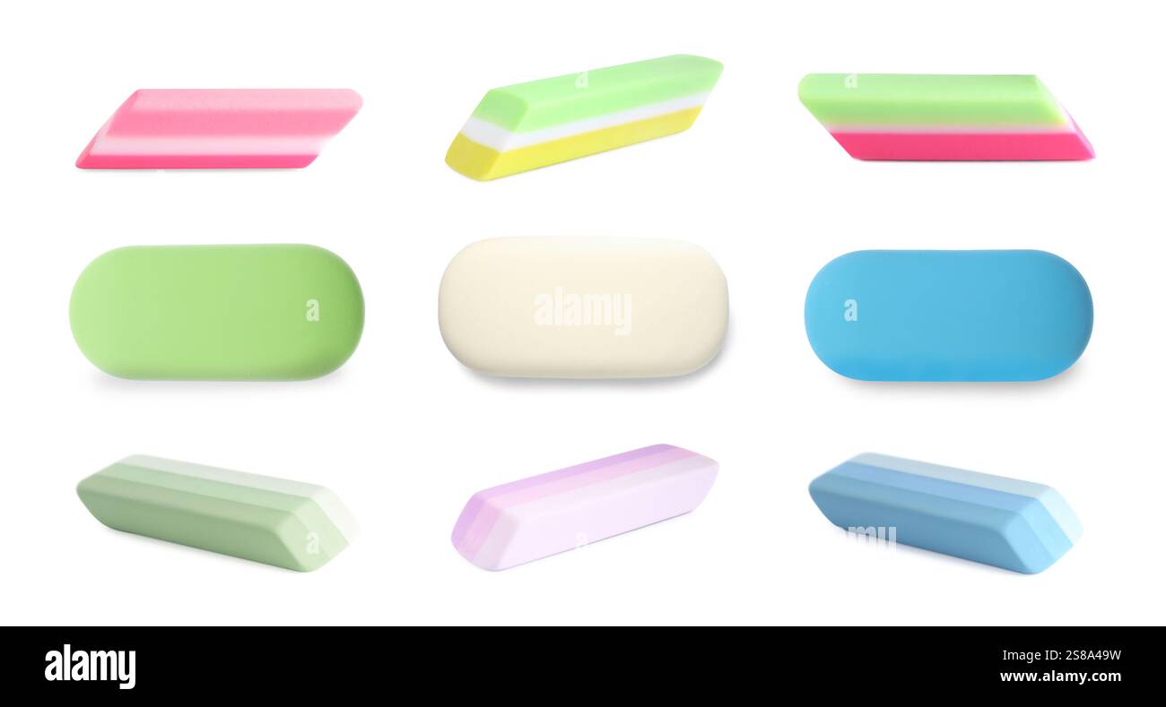 Many different erasers isolated on white, set Stock Photo - Alamy