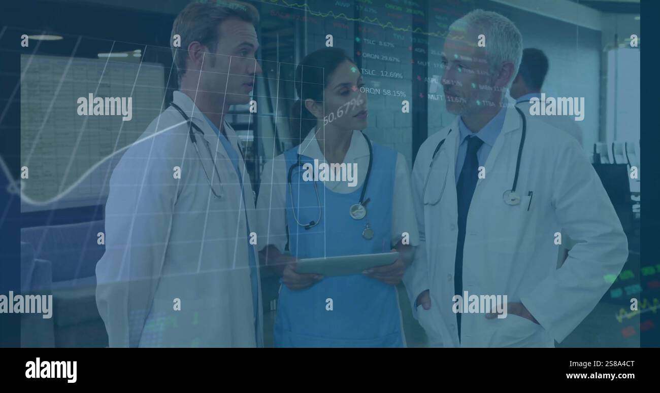 Image of diagrams and data processing over diverse doctors talking and ...