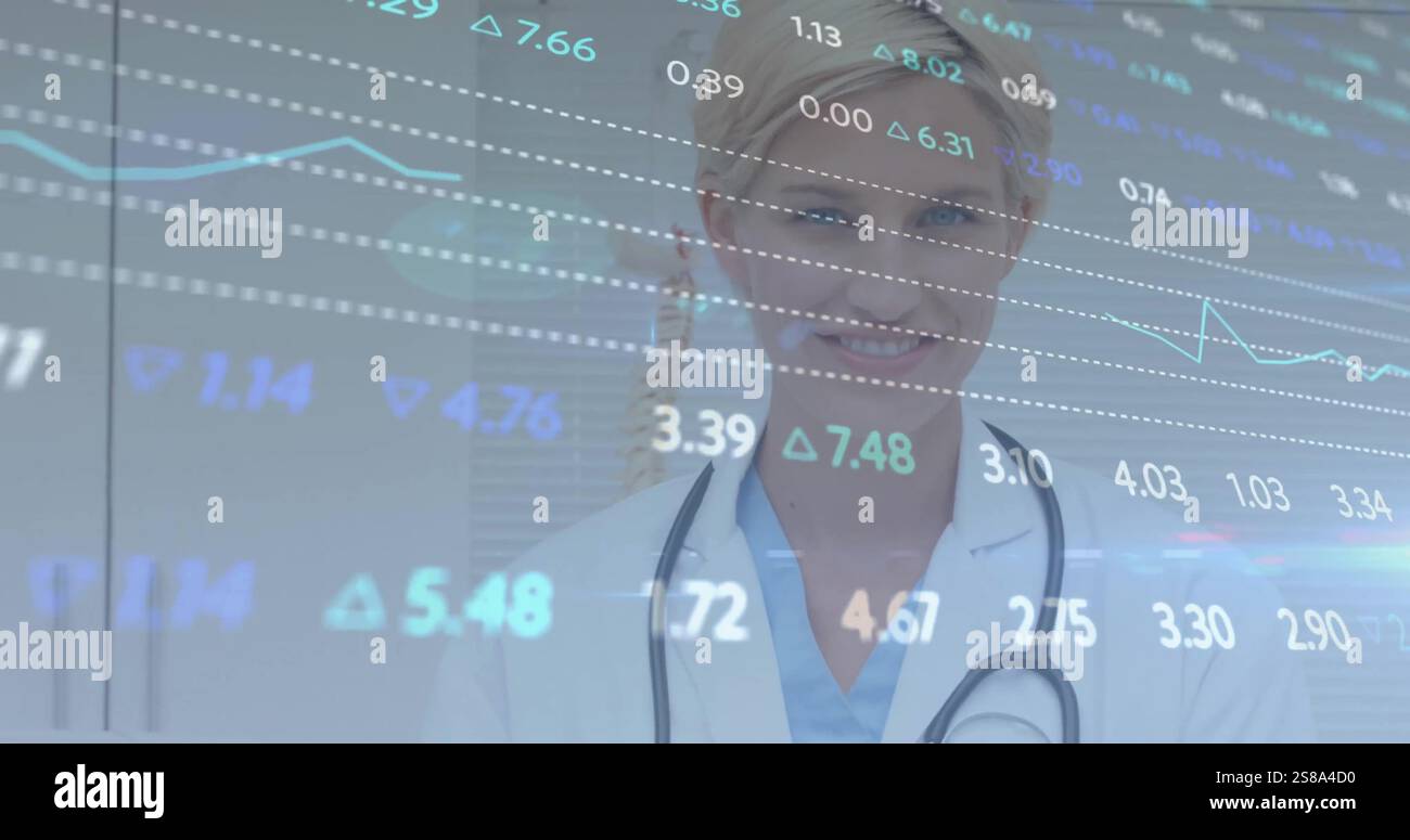 Image of diagrams and stock market over caucasian female doctor in ...