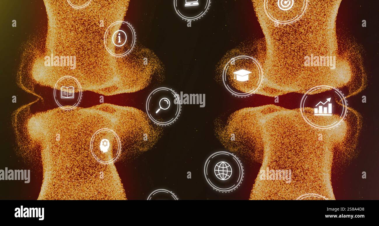 Image of data and media icons processing over orange network waves on ...