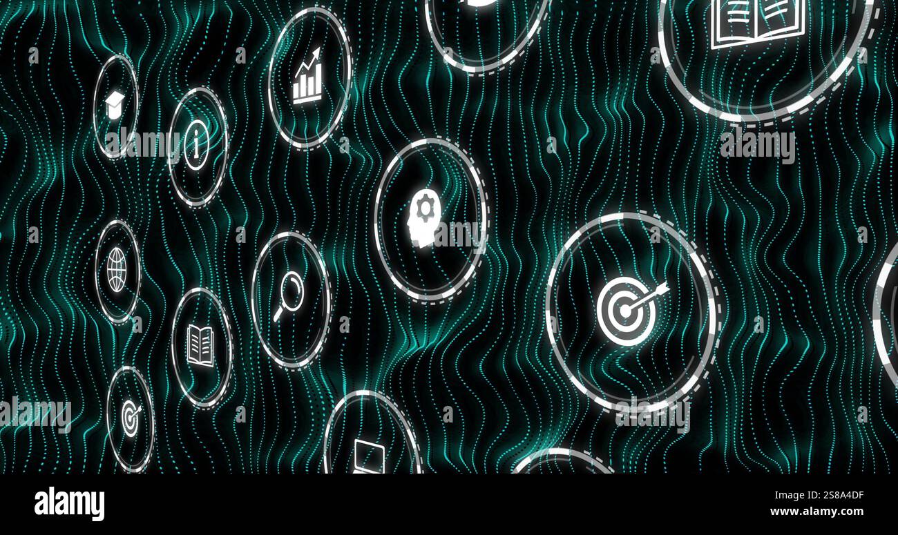 Image of data and communication icons processing over network of blue ...