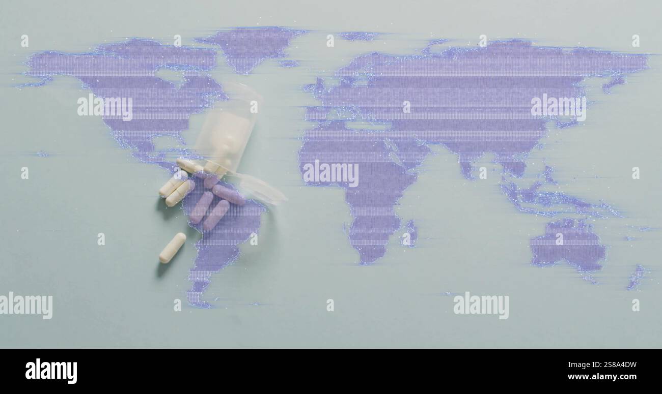 Image of tablets and processing data over purple world map on grey ...