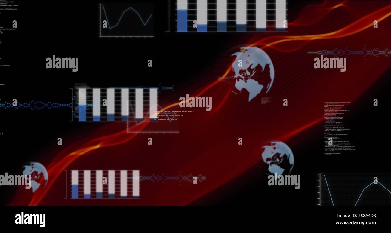 Image of red network wave over globes and graphs processing data on ...