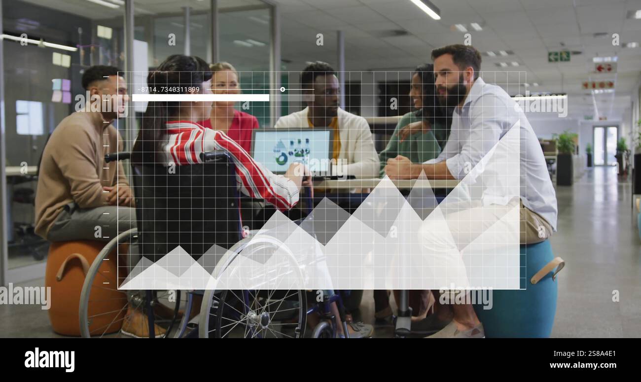 Image of chart processing data over diverse colleagues talking at ...