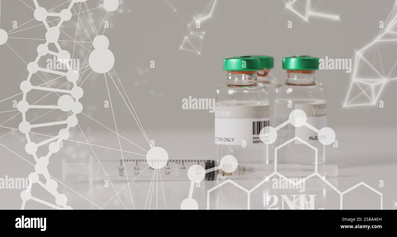 Image of dna, networks and elements over syringe and vaccine vials on ...