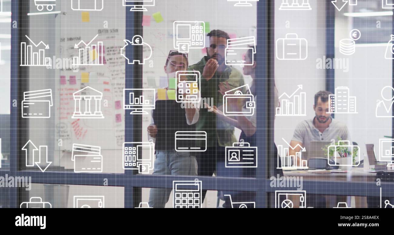 Image of business icons moving over diverse colleagues brainstorming at ...