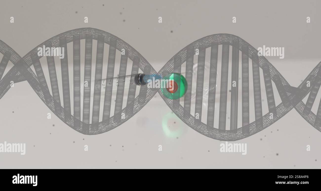 Image of dna strand and dark spots over syringe and vaccine vial on ...