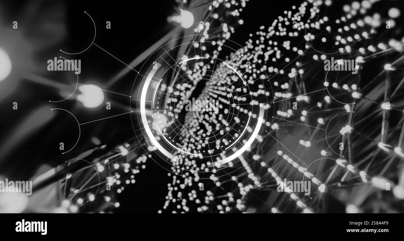 Image of circular scanner over network of white lights on black ...