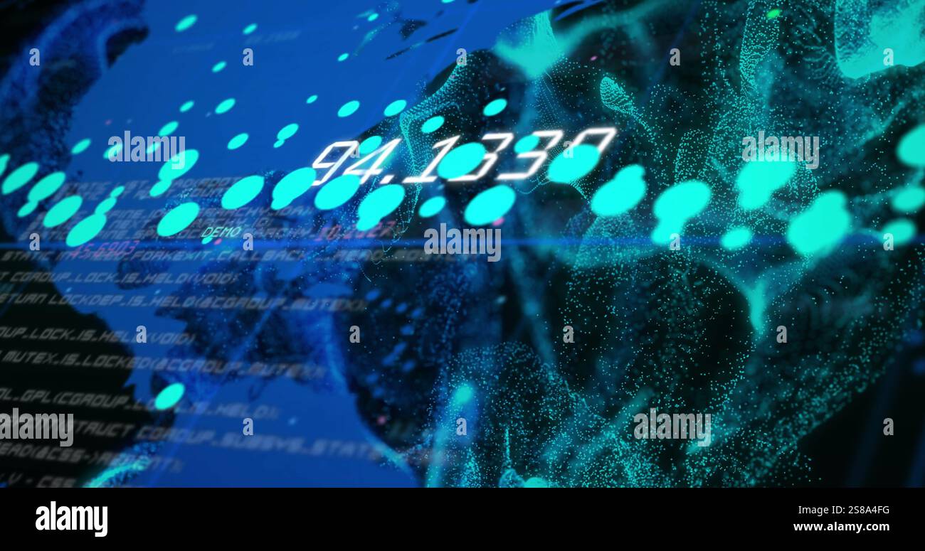 Image of data stream processing over blue world map and network waves on black background Stock ...