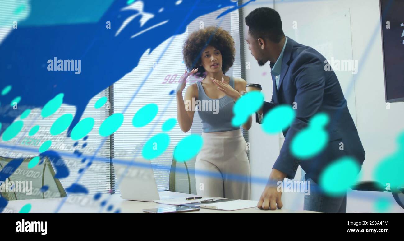 Image of map and processing data over diverse male and female colleague ...