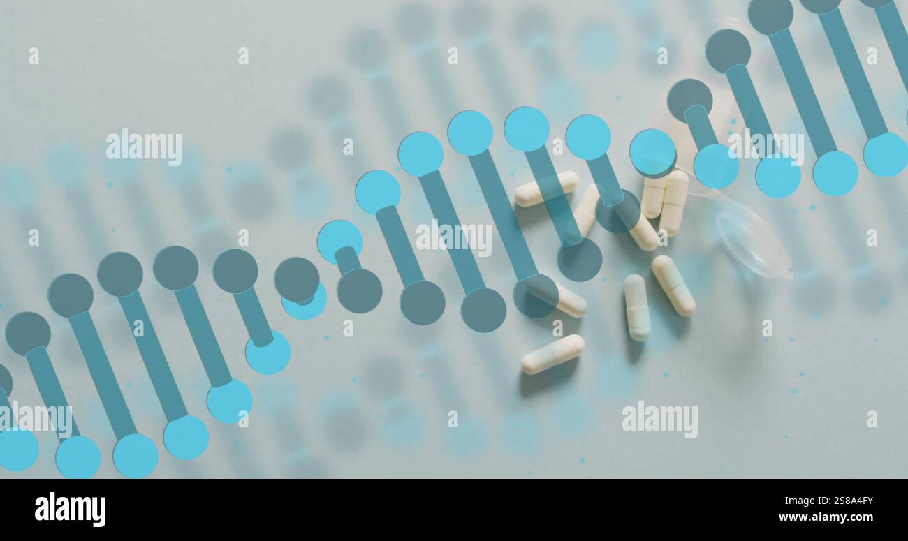 Image of blue dna strand over pills on grey background Stock Photo - Alamy