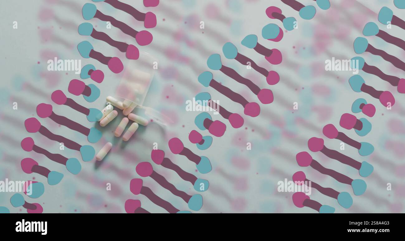 Image of pink and blue dna strands over pills on white background Stock ...