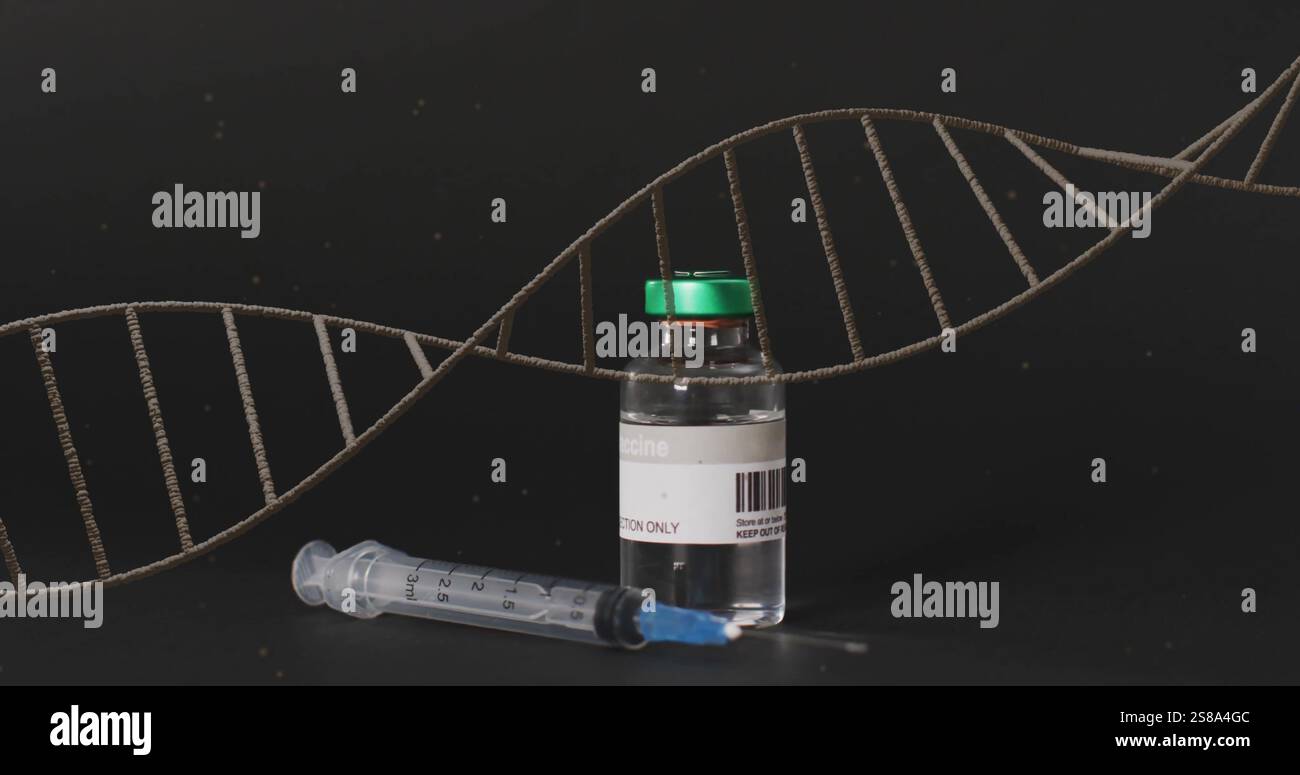 Image of dna strand over syringe and vaccine vial on black background ...
