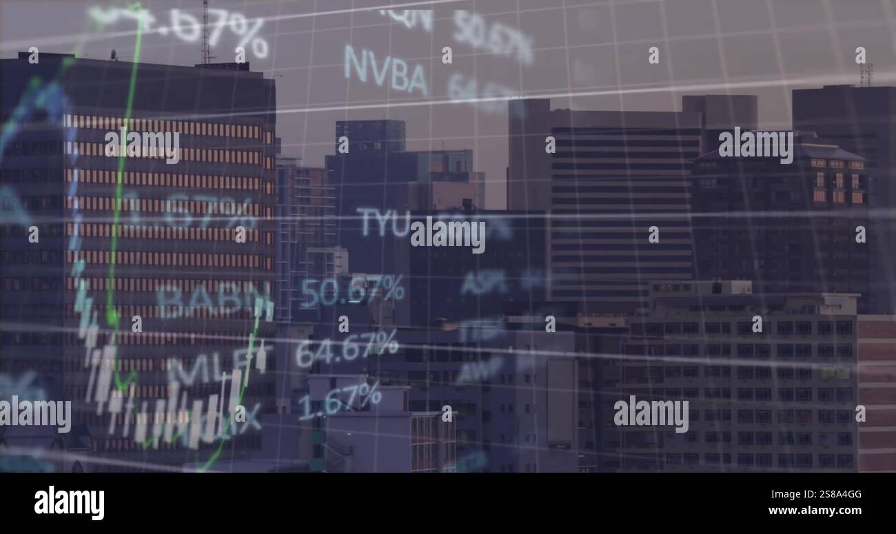 Image of diagrams and data processing over cityscape Stock Photo - Alamy