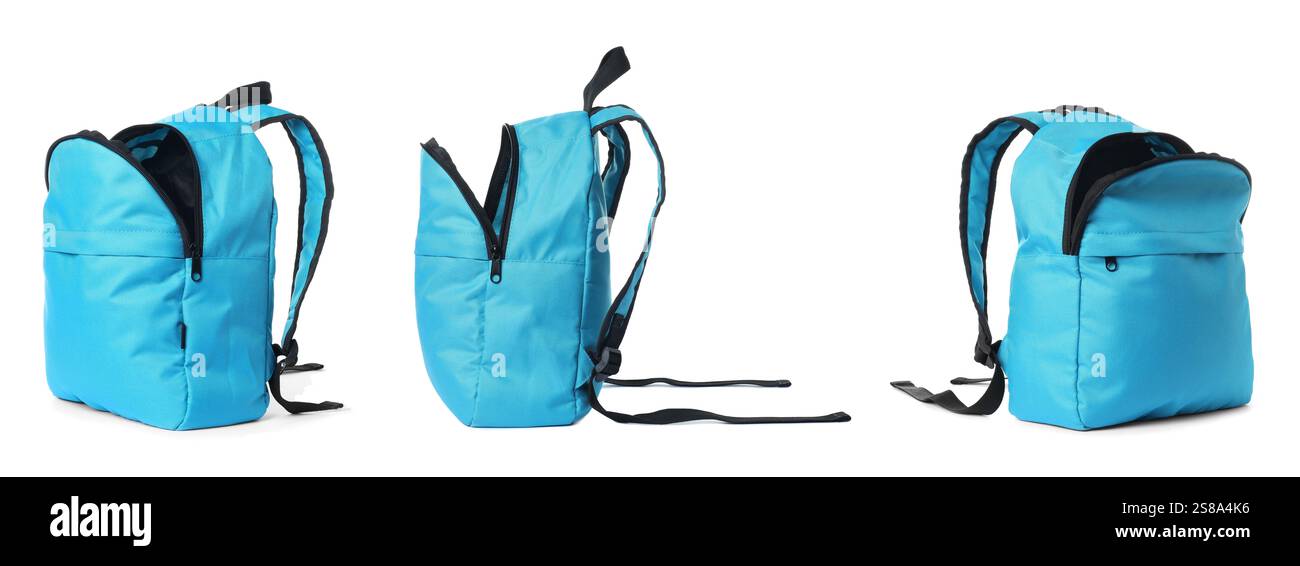 Light blue backpack isolated on white, collage. Different sides Stock ...