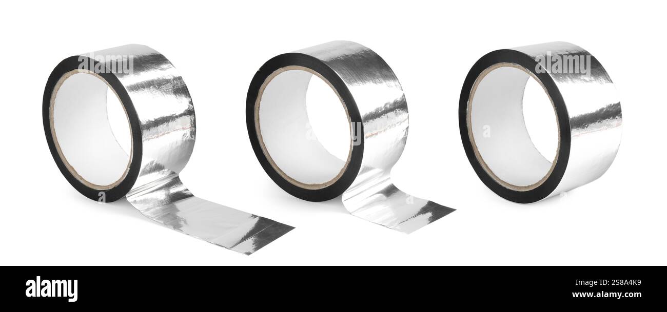 Silver adhesive tape, set. Rolls isolated on white Stock Photo - Alamy