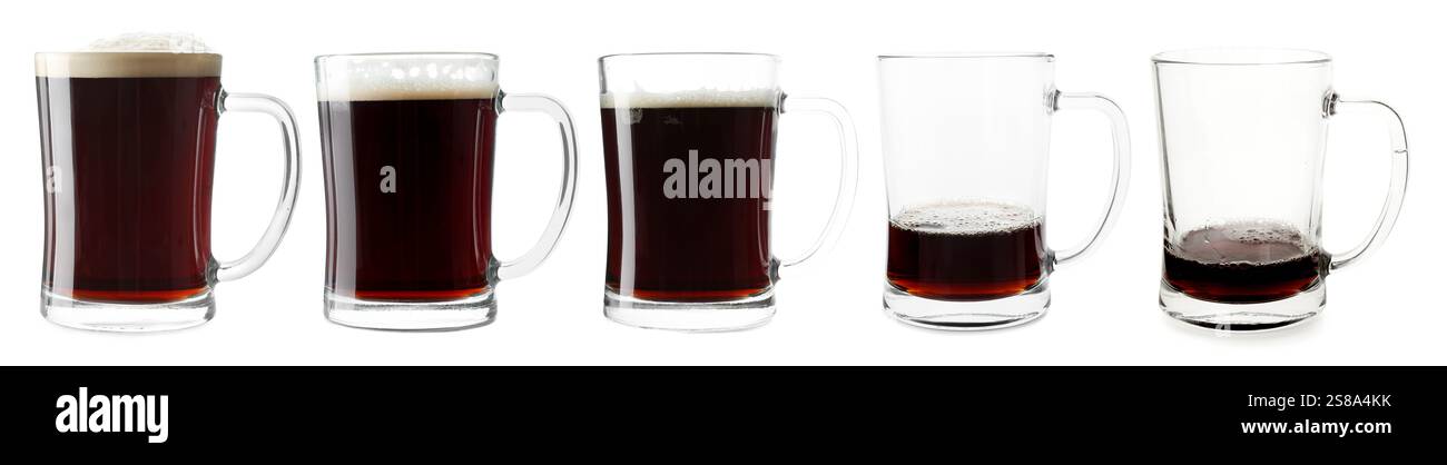 Beer in glass isolated on white, collage. From full to almost empty ...