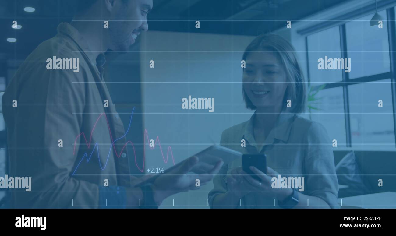 Image of data processing and diagrams over diverse colleagues talking ...