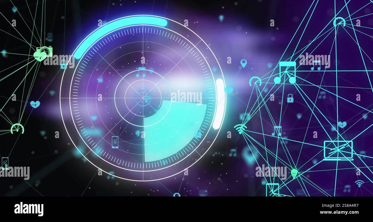 Image of scope scanning and network of connections with icons on black ...