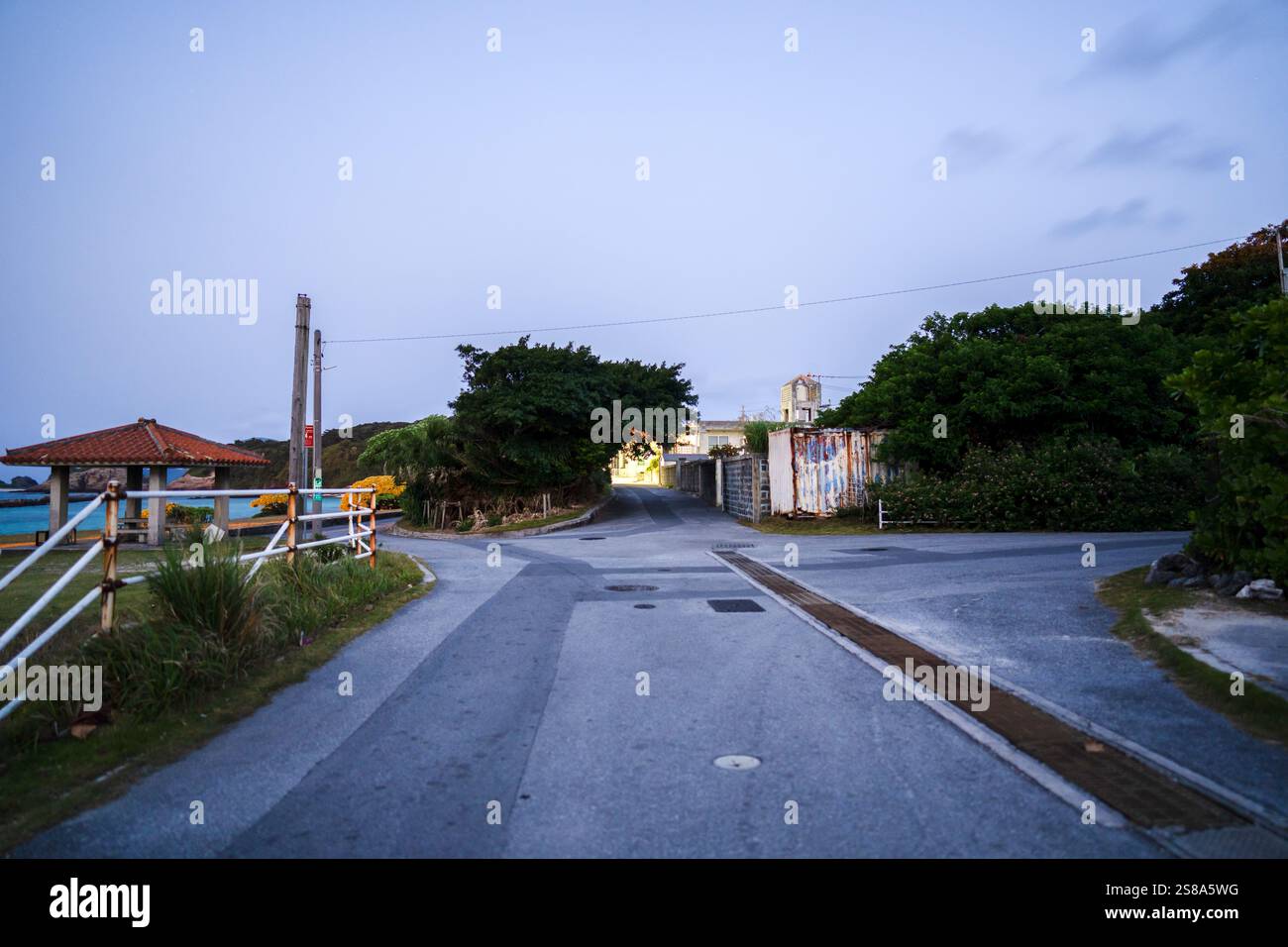 Night sky and seaside townscape before dawn in spring at Aka Island ...