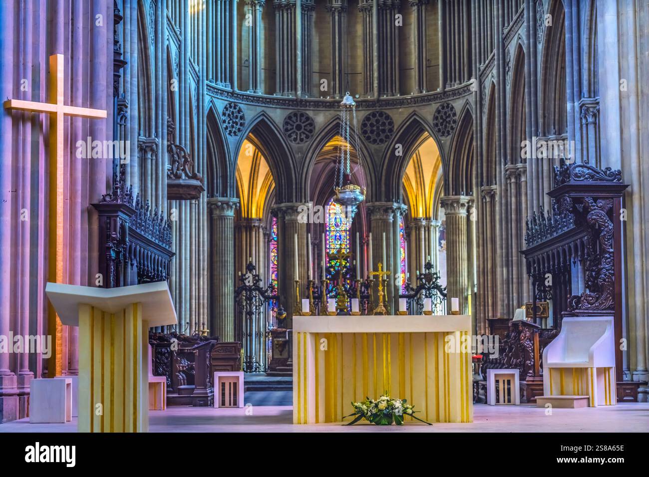 Cross stained glass, Bayeux Cathedral, Bayeux, Normandy, France ...