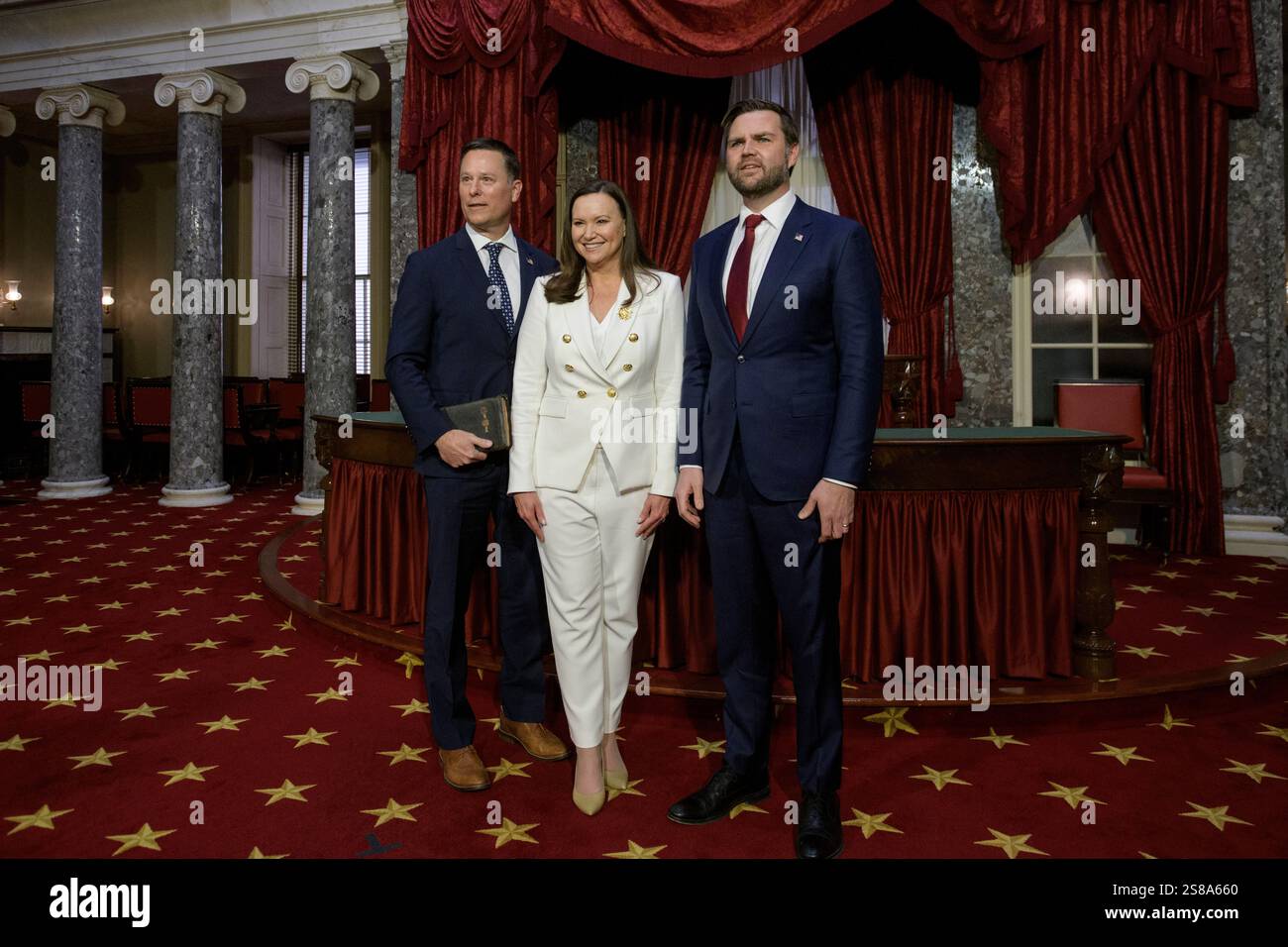 Vice President JD Vance, right, poses with Sen. Ashley Moody, R-Fla ...