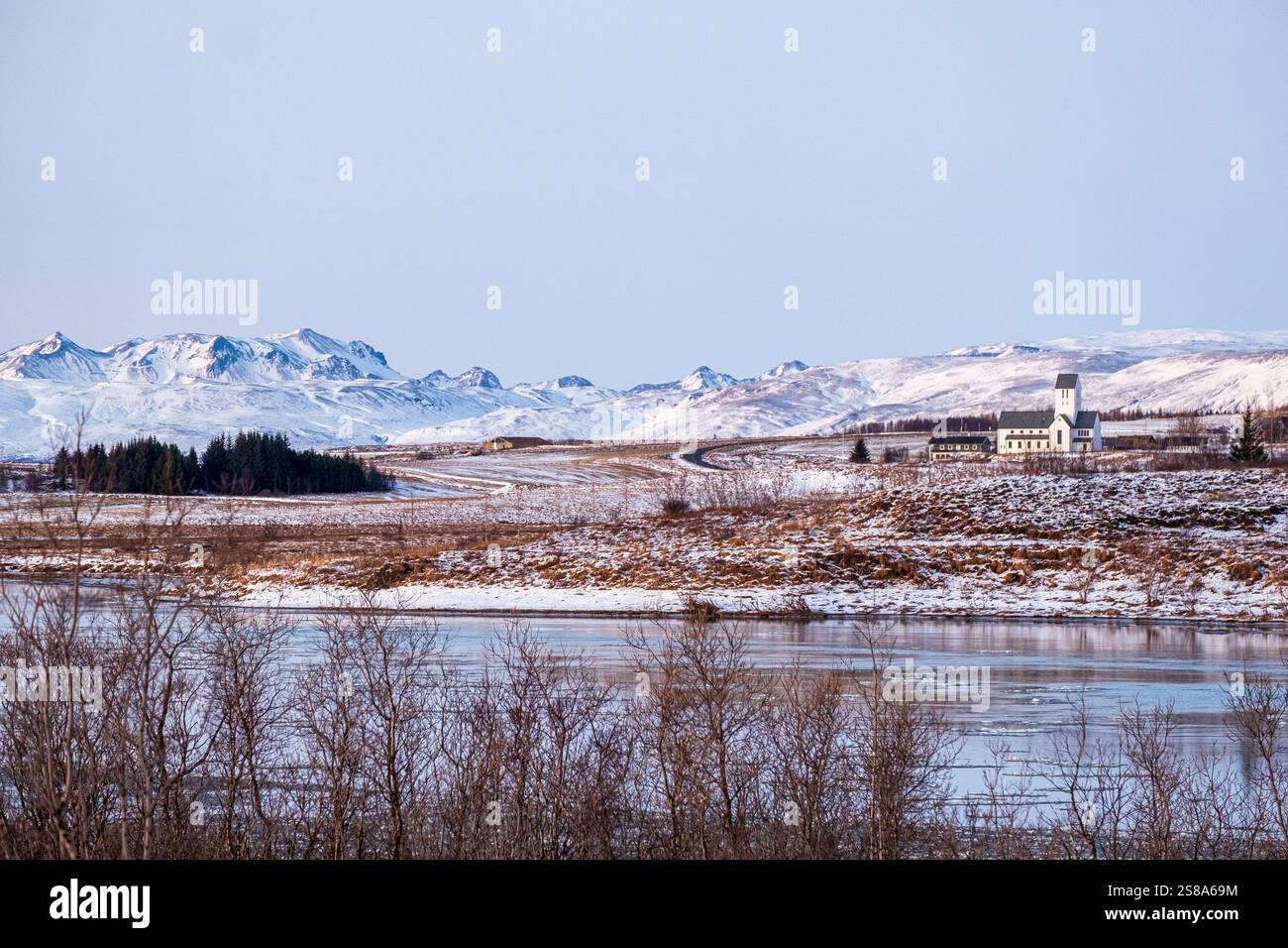 Winter landscape at Skálholt in southern Iceland. Skálholt was the ...