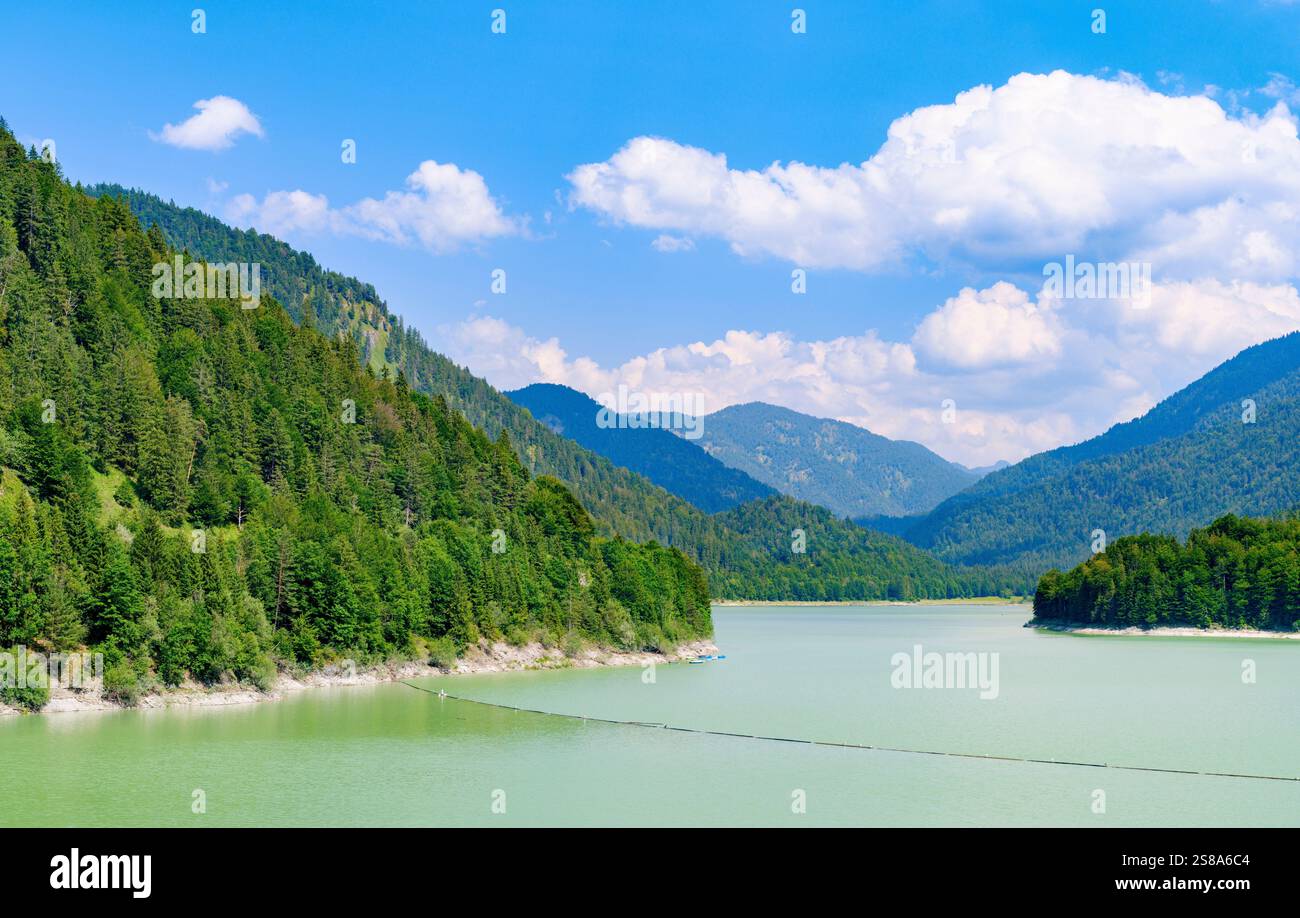 Reservoir Lake Sylvenstein near Bad Tolz in the Karwendel mountains ...