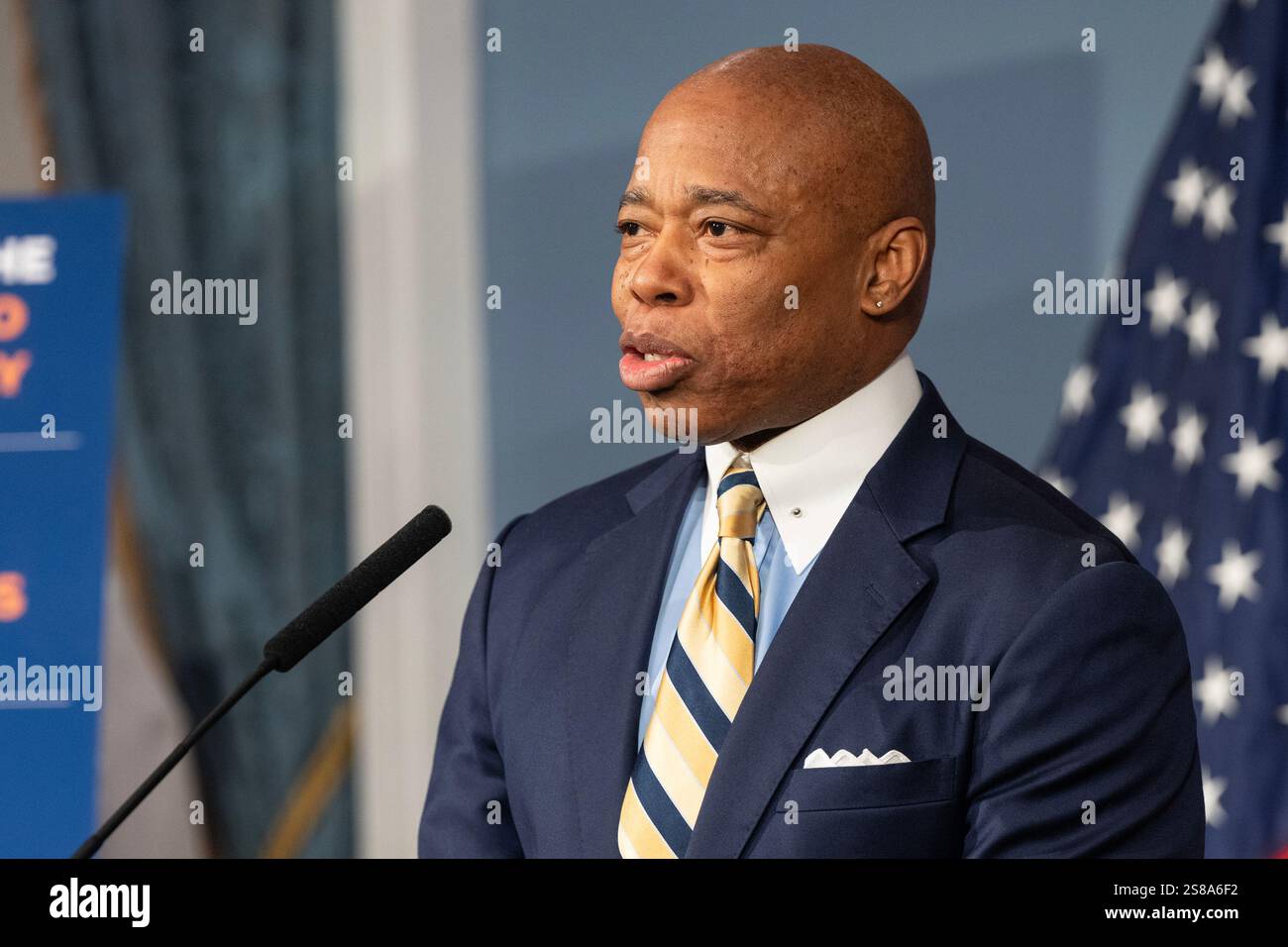 Mayor Eric Adams speaks during in-person media availability at City ...
