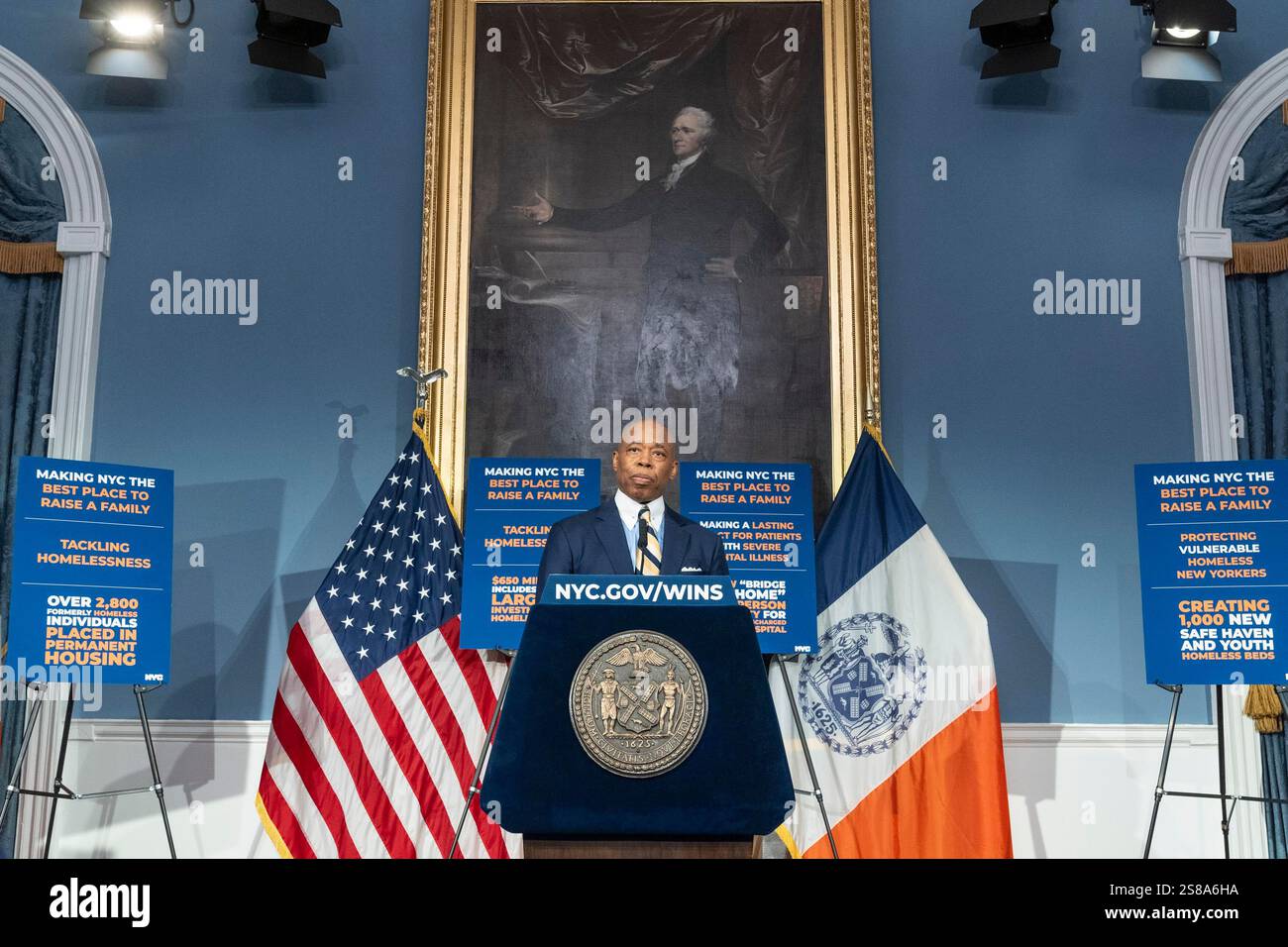 New York, New York, USA. 21st Jan, 2025. Mayor Eric Adams speaks during ...