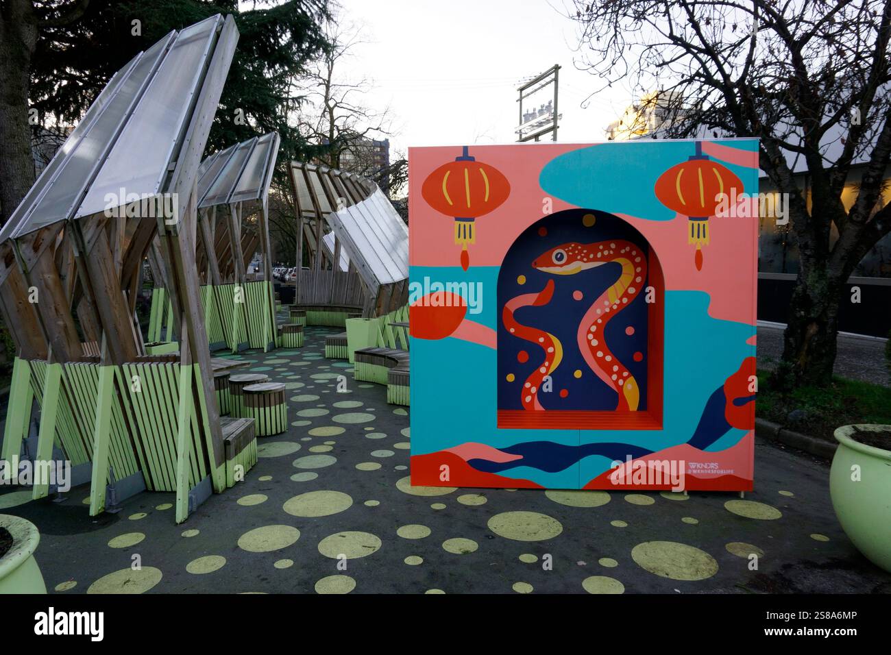 Public sitting area with colorful Chinese New Year of the Snake 2025 ...