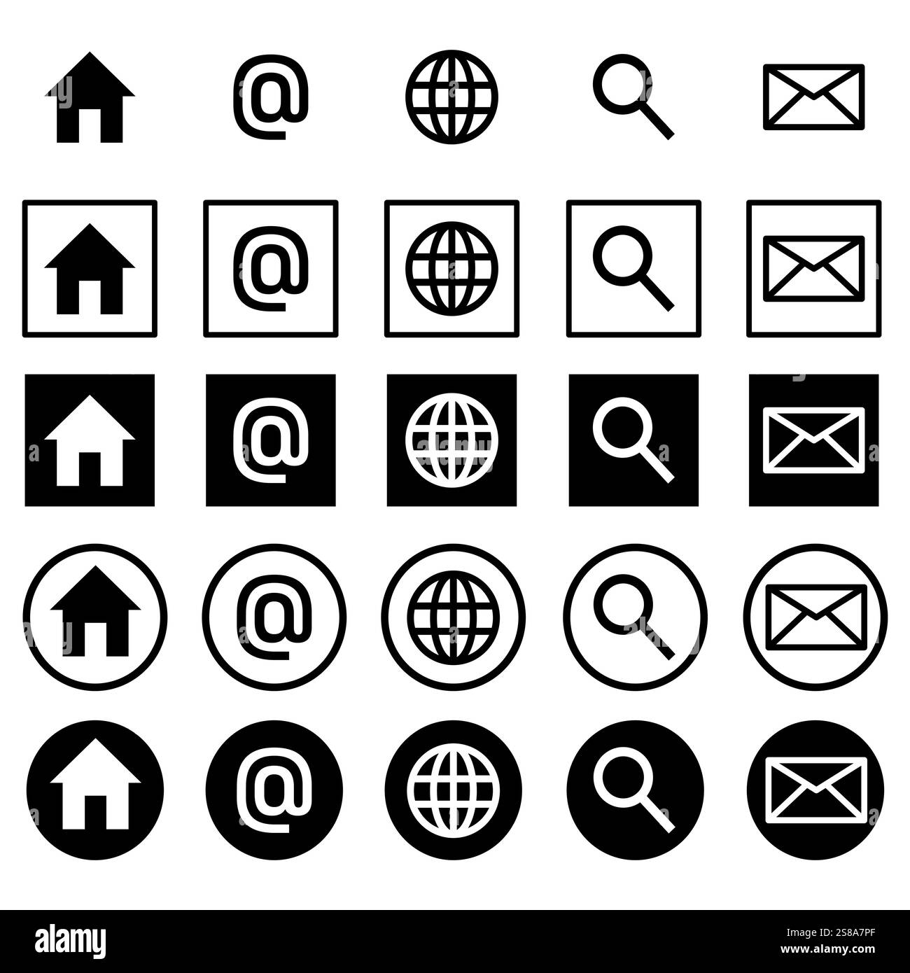 Web interface icons. Email and search. Globe home symbols. Vector black ...