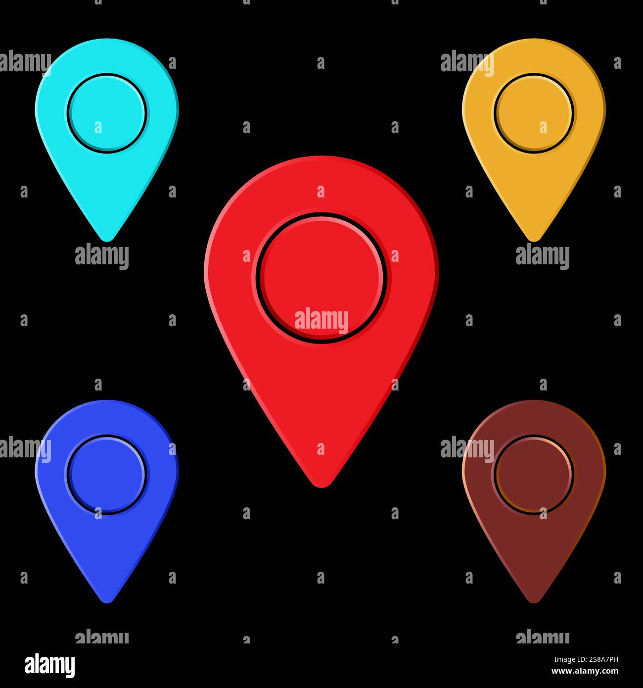 Colorful location icons. Red pin focus. Map marker shapes. Black ...