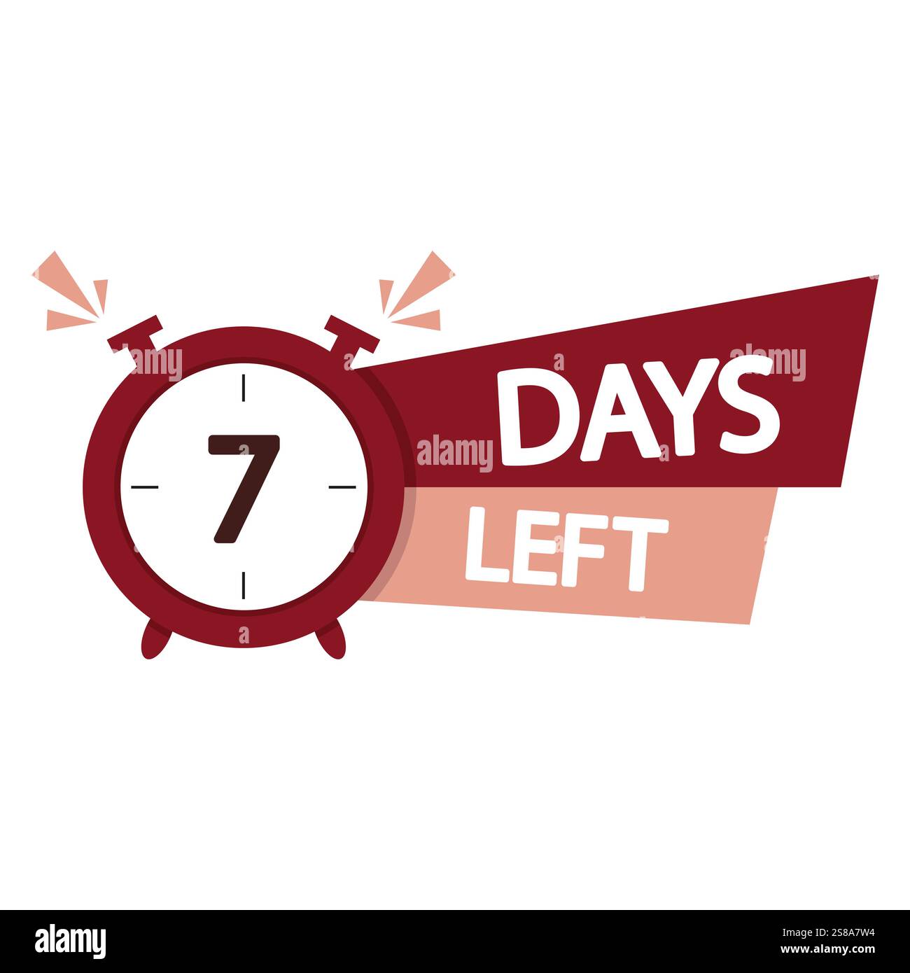 7 days countdown. Number seven text. Alarm clock icon. Bold timer ...