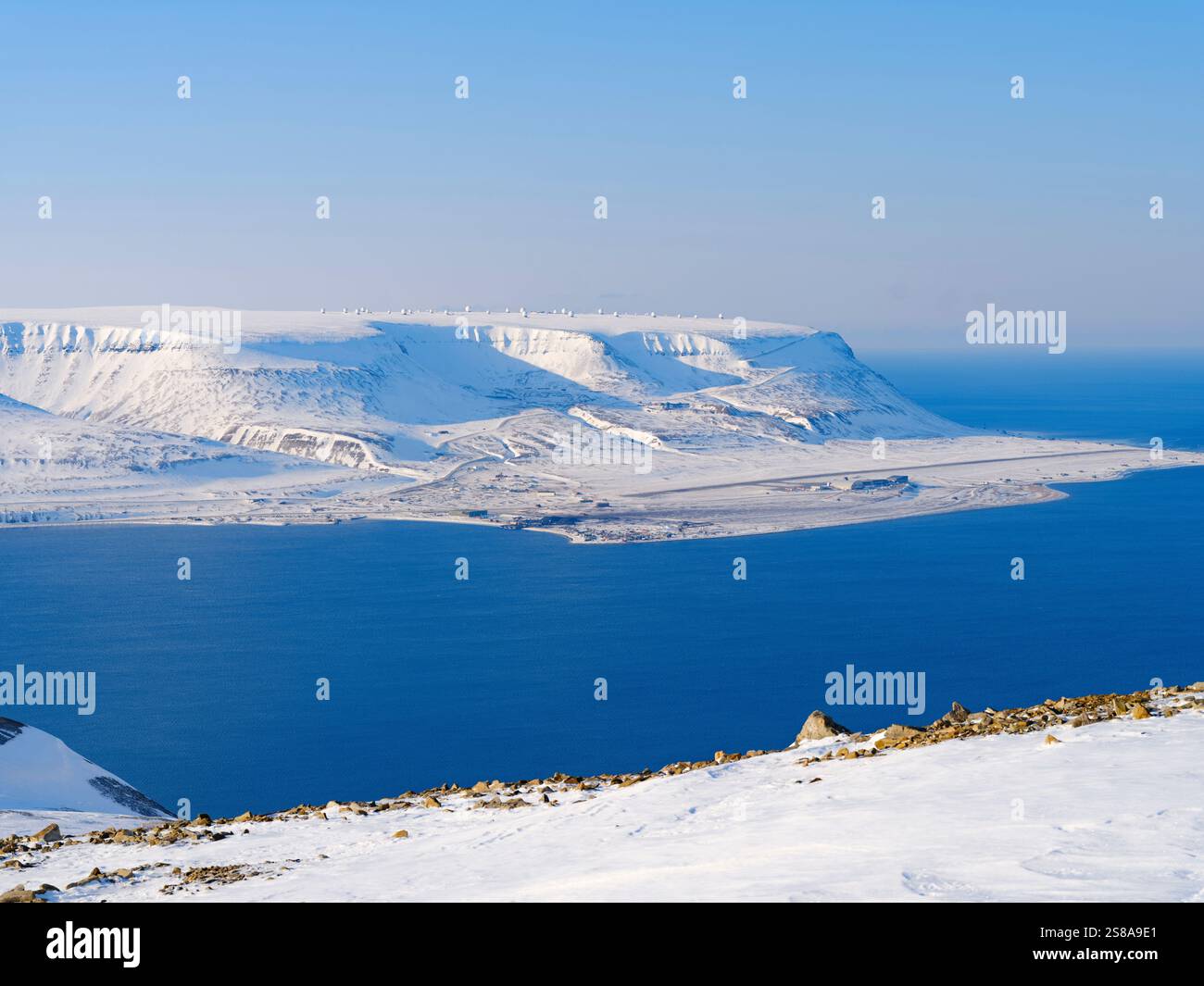 Airport and the antennas on Mt. Plataberget. Longyearbyen, the capital ...
