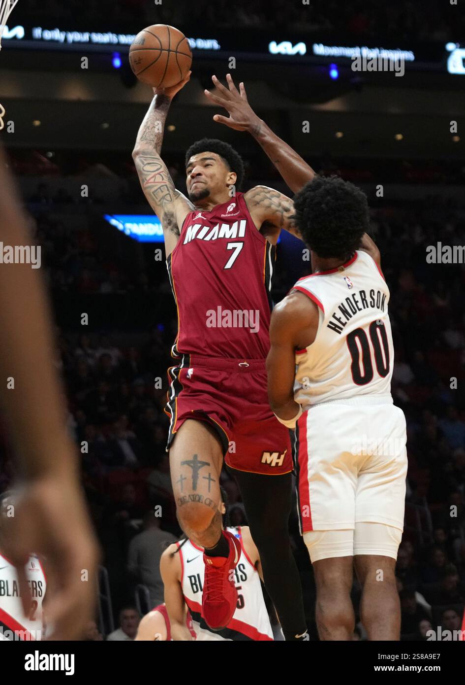 Miami Heat center Kel'el Ware (7) goes to the basket as Portland Trail ...