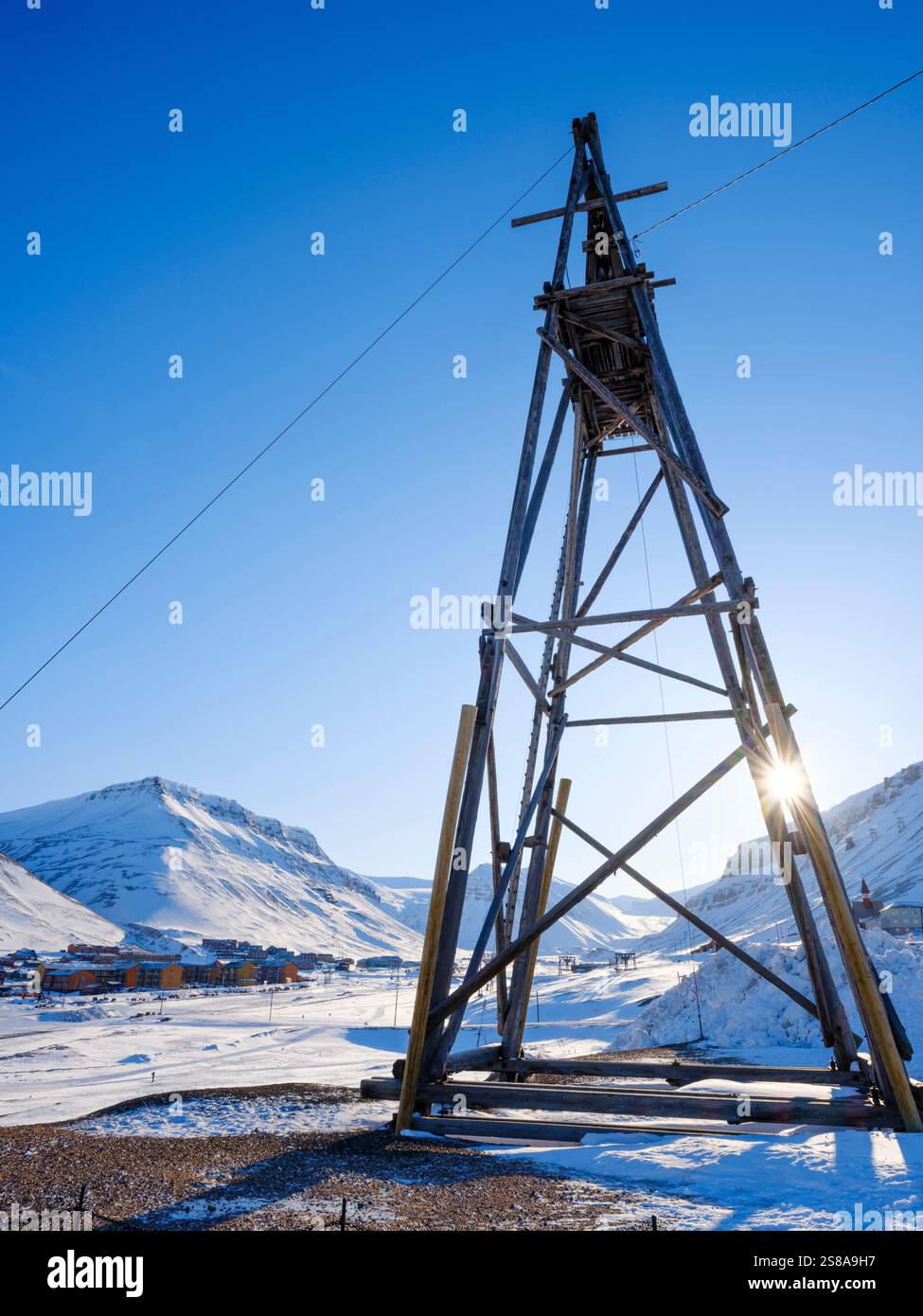 Old cableway for the transport of the mined coal. Longyearbyen, the ...