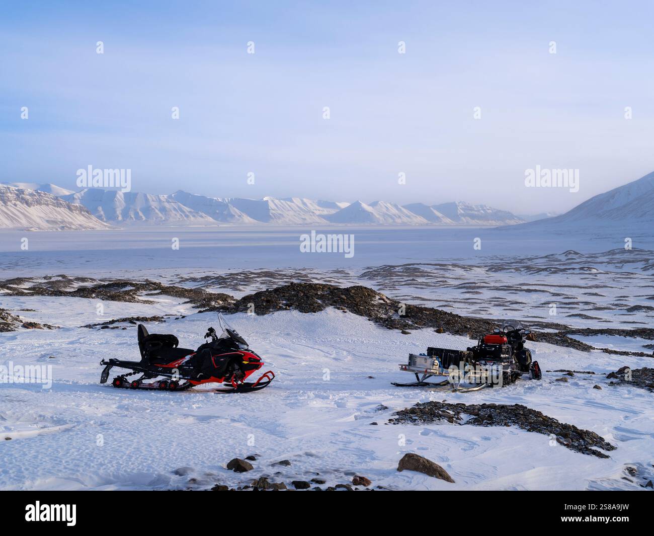 Snowmobile and Arctic Guide at Billefjorden. Winter landscape on the ...