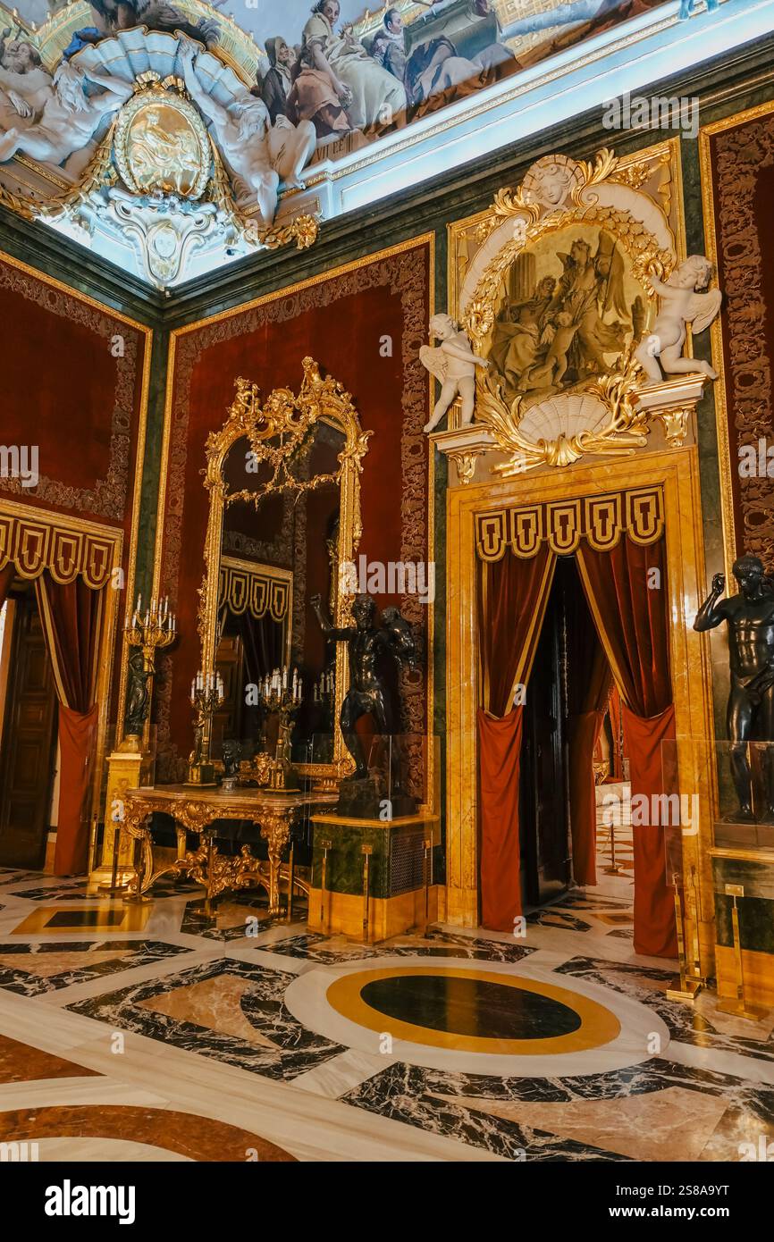 Throne Room: A grand hall with ornate ceilings, crystal chandeliers ...