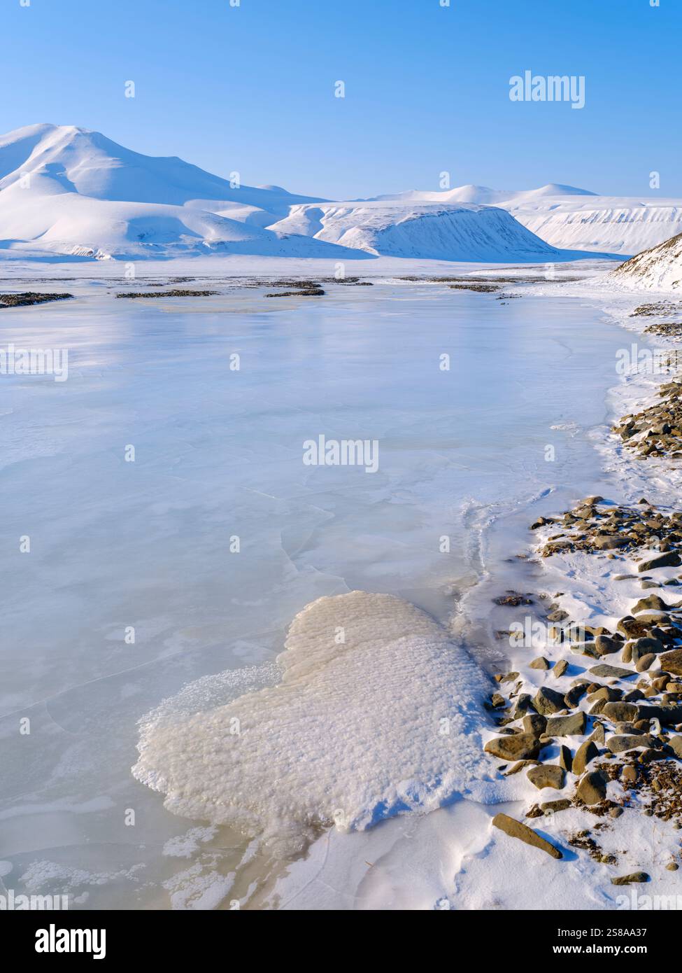 Frozen river. Fardalen and Colesdalen on the island of Spitsbergen in ...